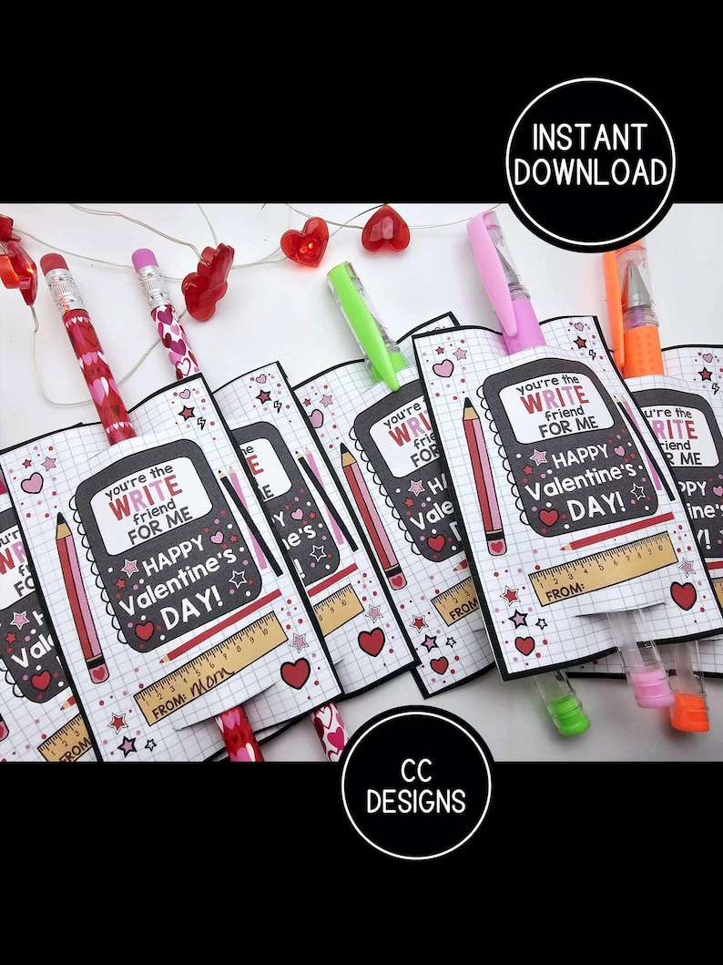 Valentine Pencil Toppers Card Party Favor Pencil Topper Favor Printable ...