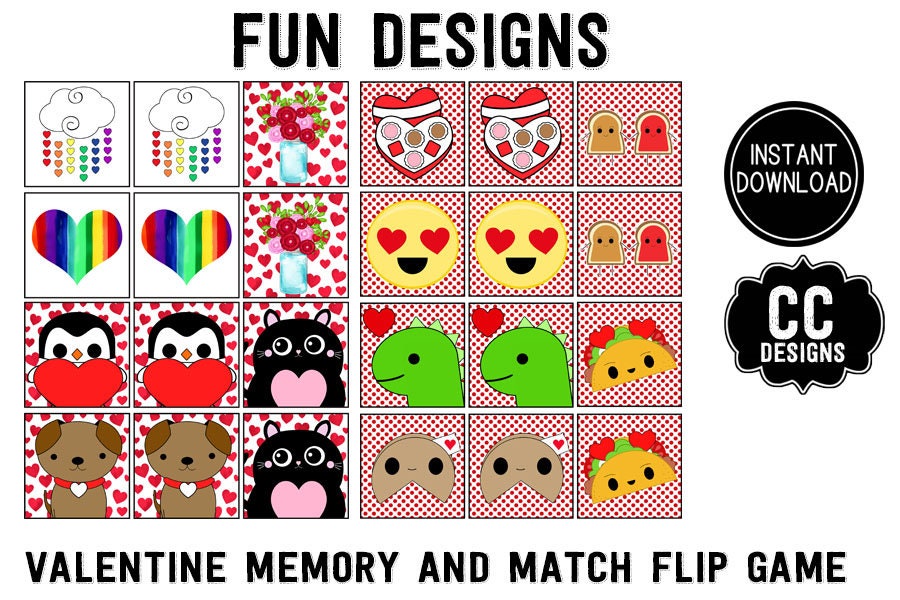 Printable Valentine Match and Memory Flip Game School Snow Day Game Fun ...