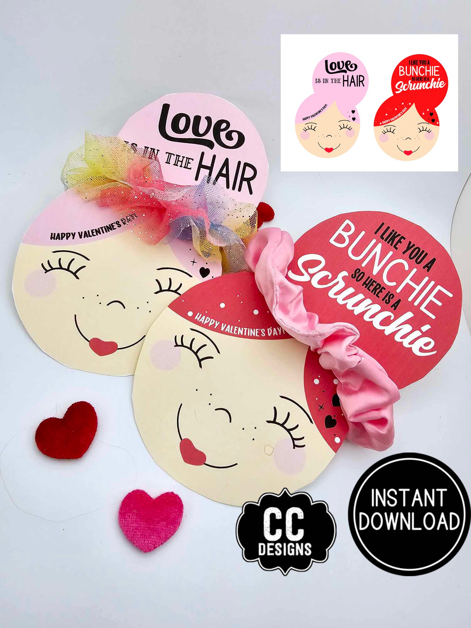 Valentine Printable Scrunchie Hair Tie Valentine's Day Favor Card Non ...