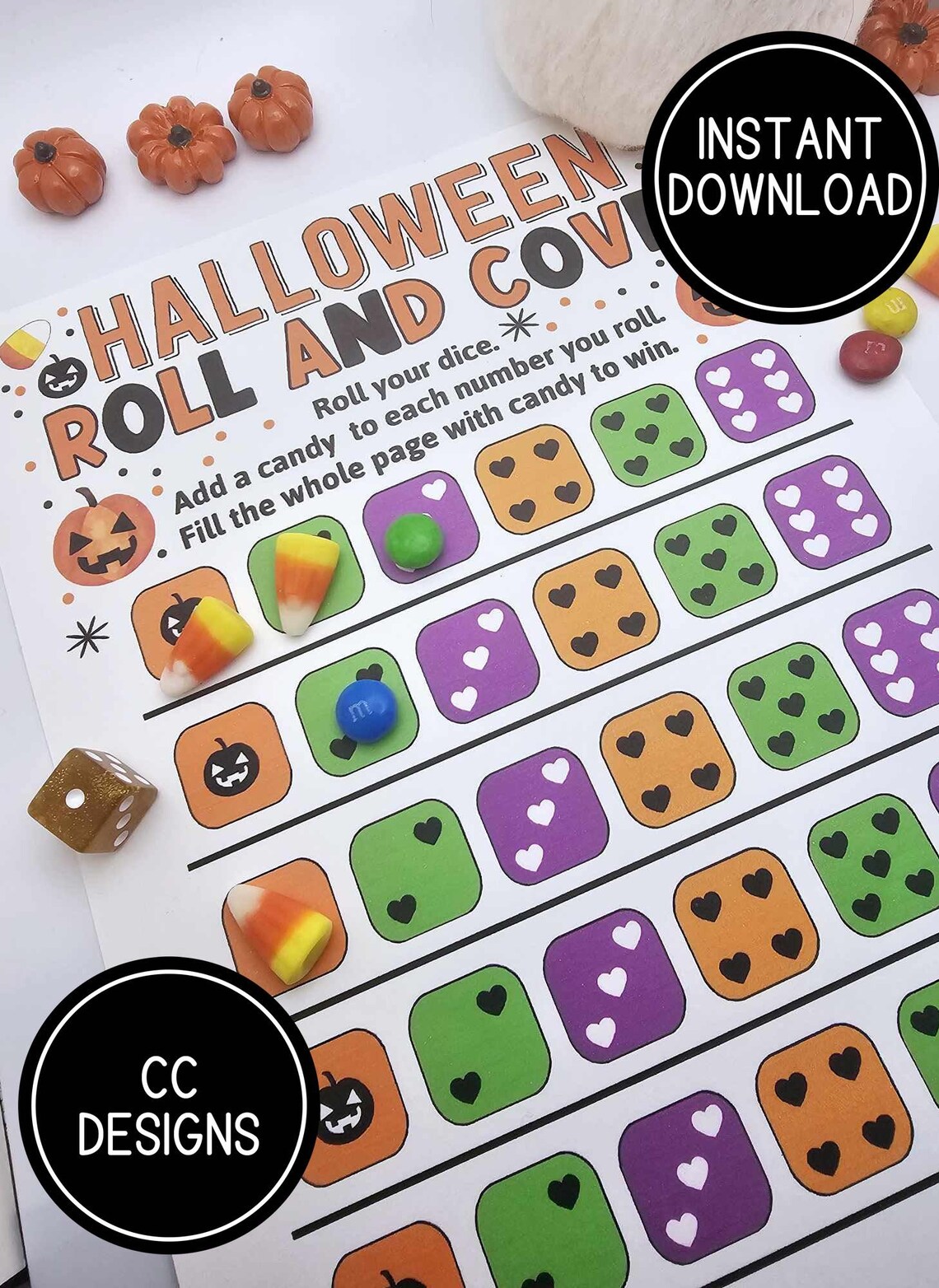 Halloween Kids Dice Game Printable Card Roll and Cover Dice Game for ...