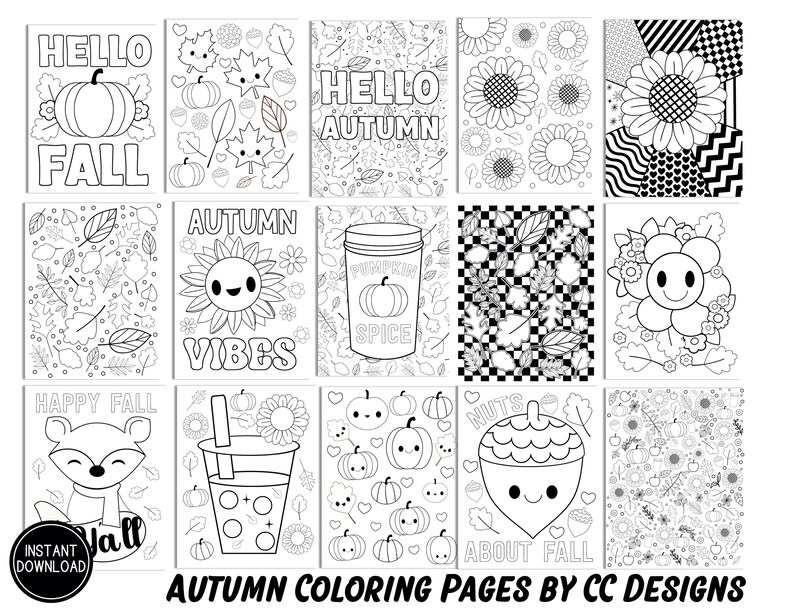 Autumn Printable Coloring Sheets Groovy Kawaii Cute Fall Coloring Art ...