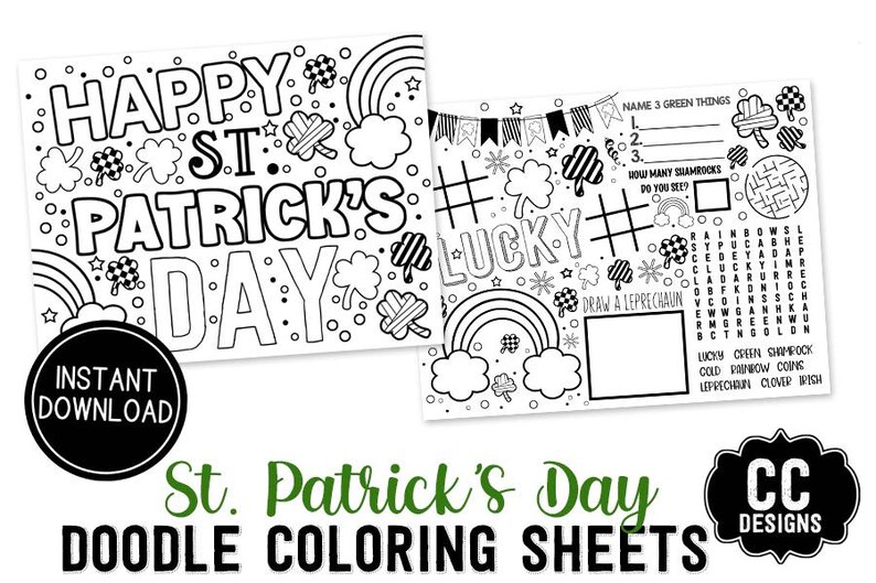 St. Patrick Doodle Coloring Pages Class Party Game Activities Instant ...