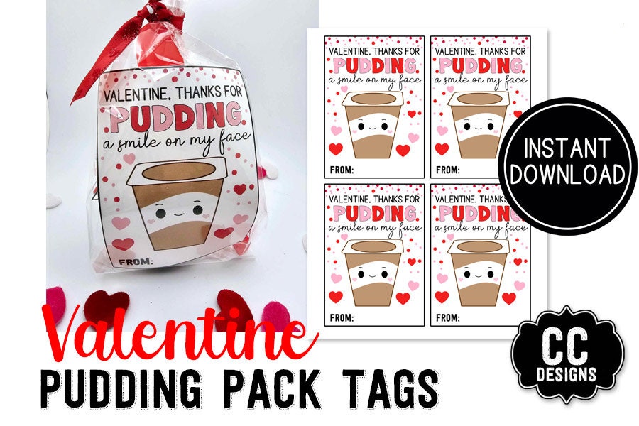 Valentine Printable Card Valentine's Day Pudding Cup Favor Treat Tags ...