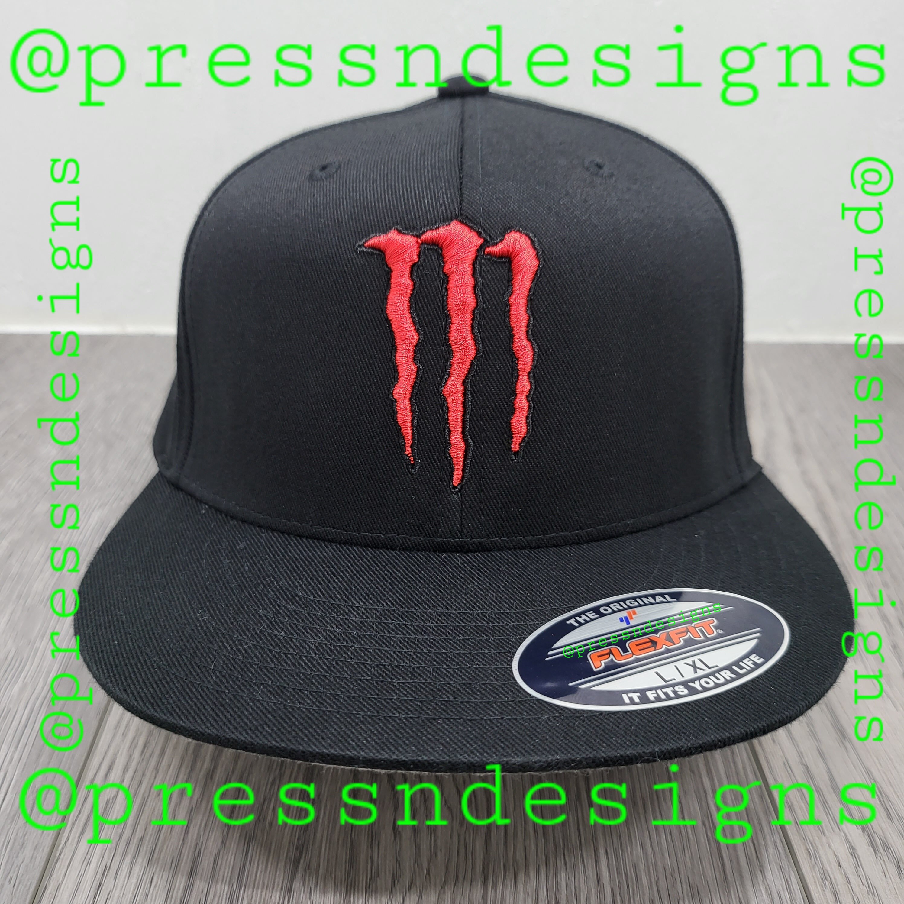 Embroidered Red 3D Puff Monster Energy Black Flexfit Hat Flat Bill L/XL ...