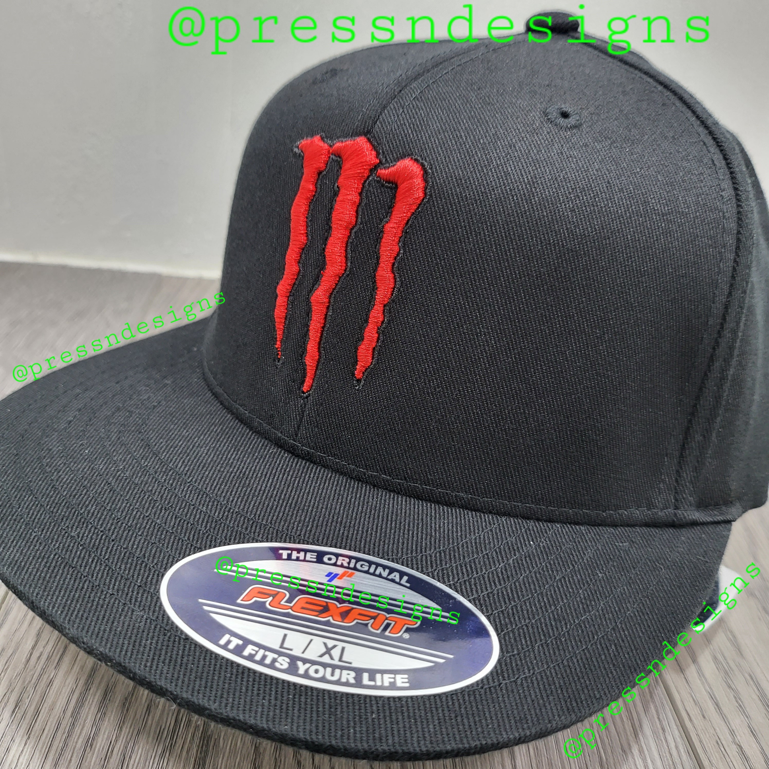 Embroidered Red 3D Puff Monster Energy Black Flexfit Hat Flat Bill L/XL ...
