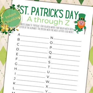 St. Patrick's Day "a Through Z" Printable Game ⁝ St. Patty's Day Group ...
