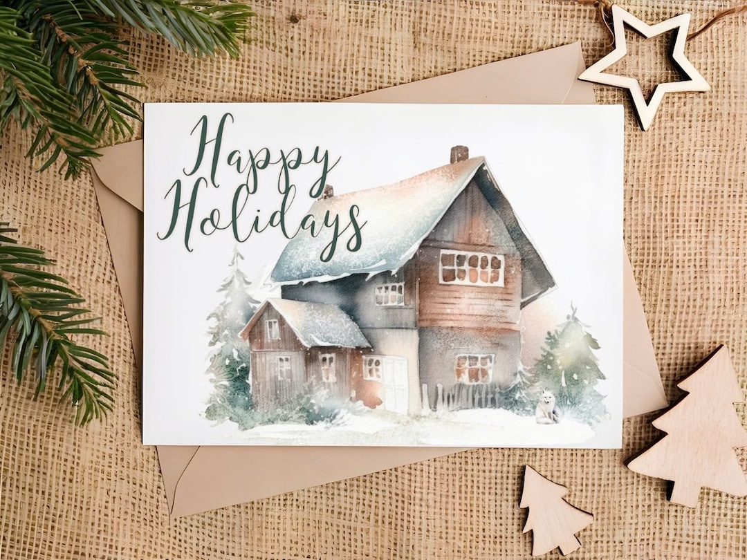 Rustic Woodland Christmas Card, Watercolor Cabin (digital Download) - Etsy