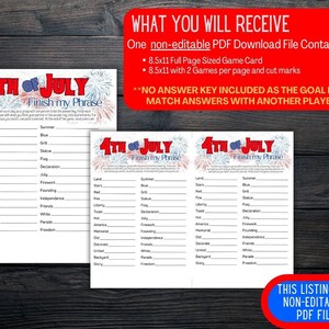 4th of July "finish My Phrase" Printable Game ⁝ Independence Day Group ...