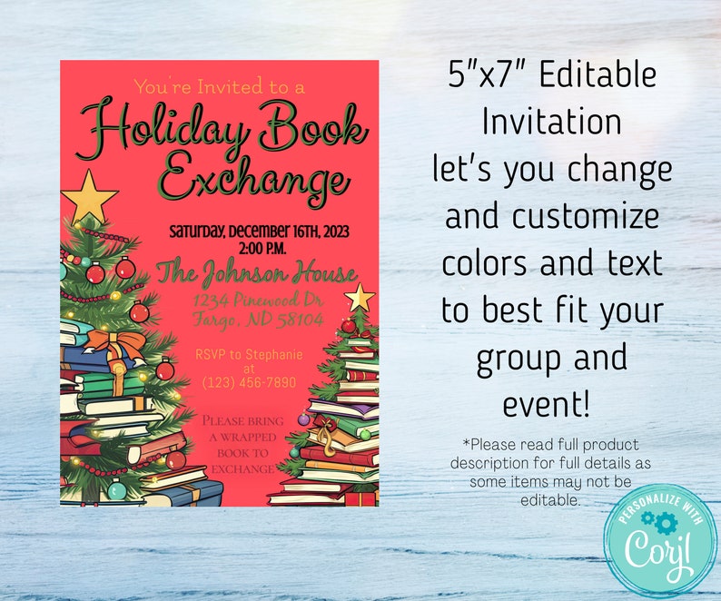 Editable Holiday Book Exchange Invitation ⁝ Editable Christmas Book ...