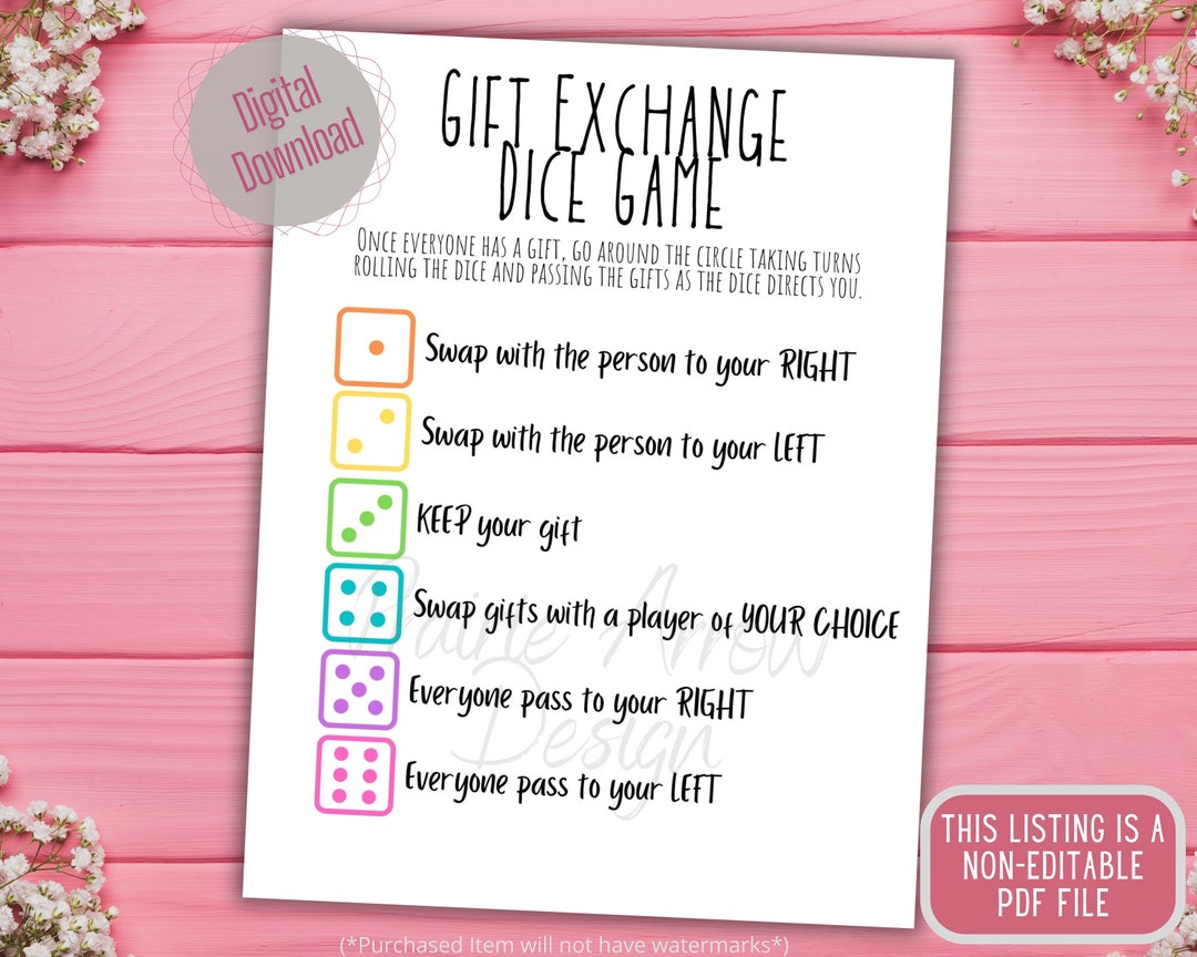 Gift Exchange Dice Game Printable Game ⁝ Any Occasion Group Party Game ...