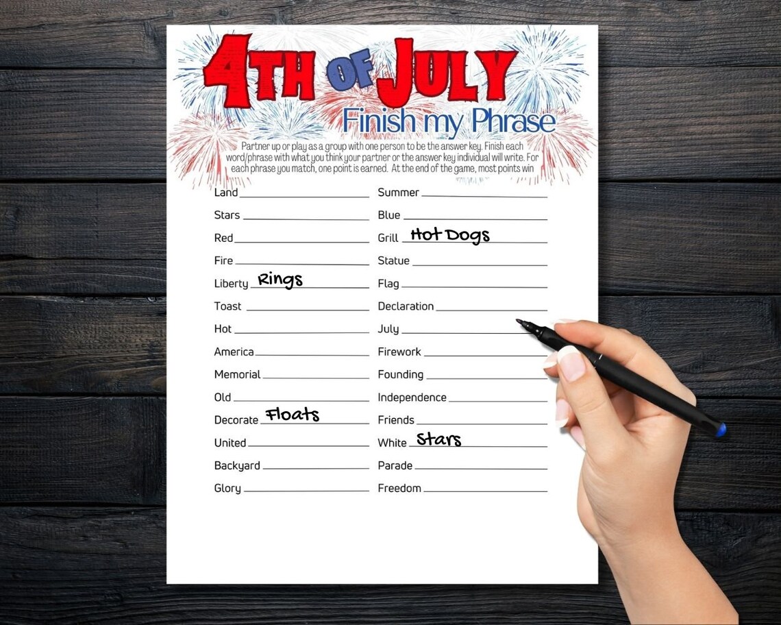 4th of July finish My Phrase Printable Game Independence Day Group ...