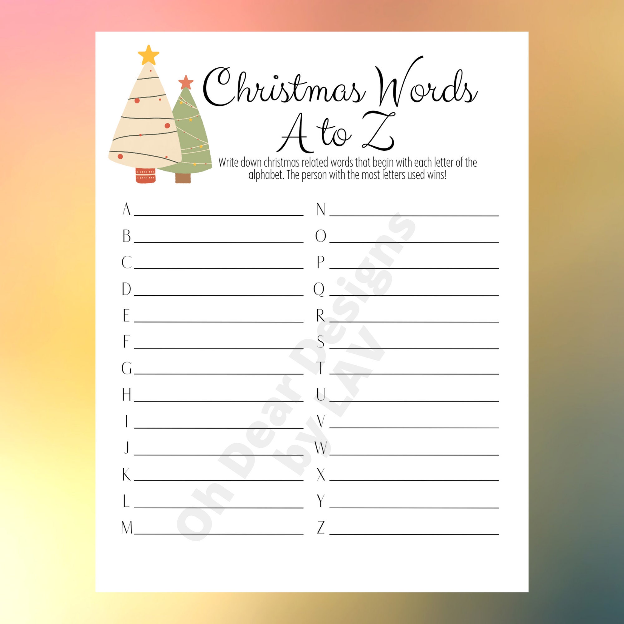 Christmas Words A to Z Printable Game Christmas Party Game | Etsy