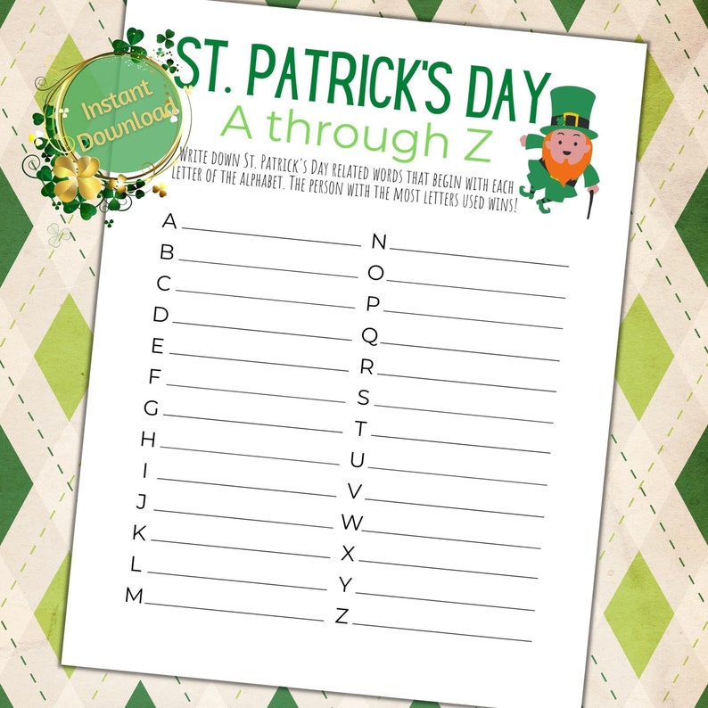 St. Patrick's Day "a Through Z" Printable Game ⁝ St. Patty's Day Group ...