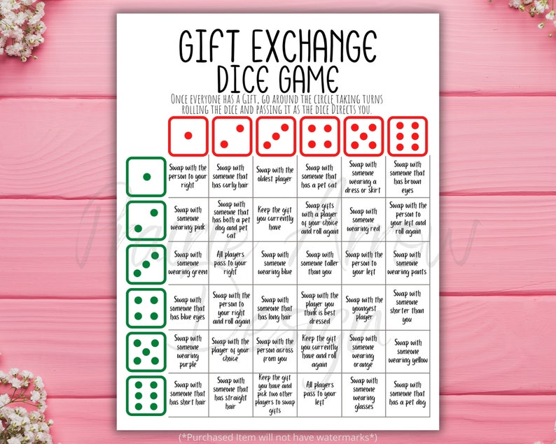 Gift Exchange Dice Game Printable Game ⁝ Any Occasion Group Party Game ...
