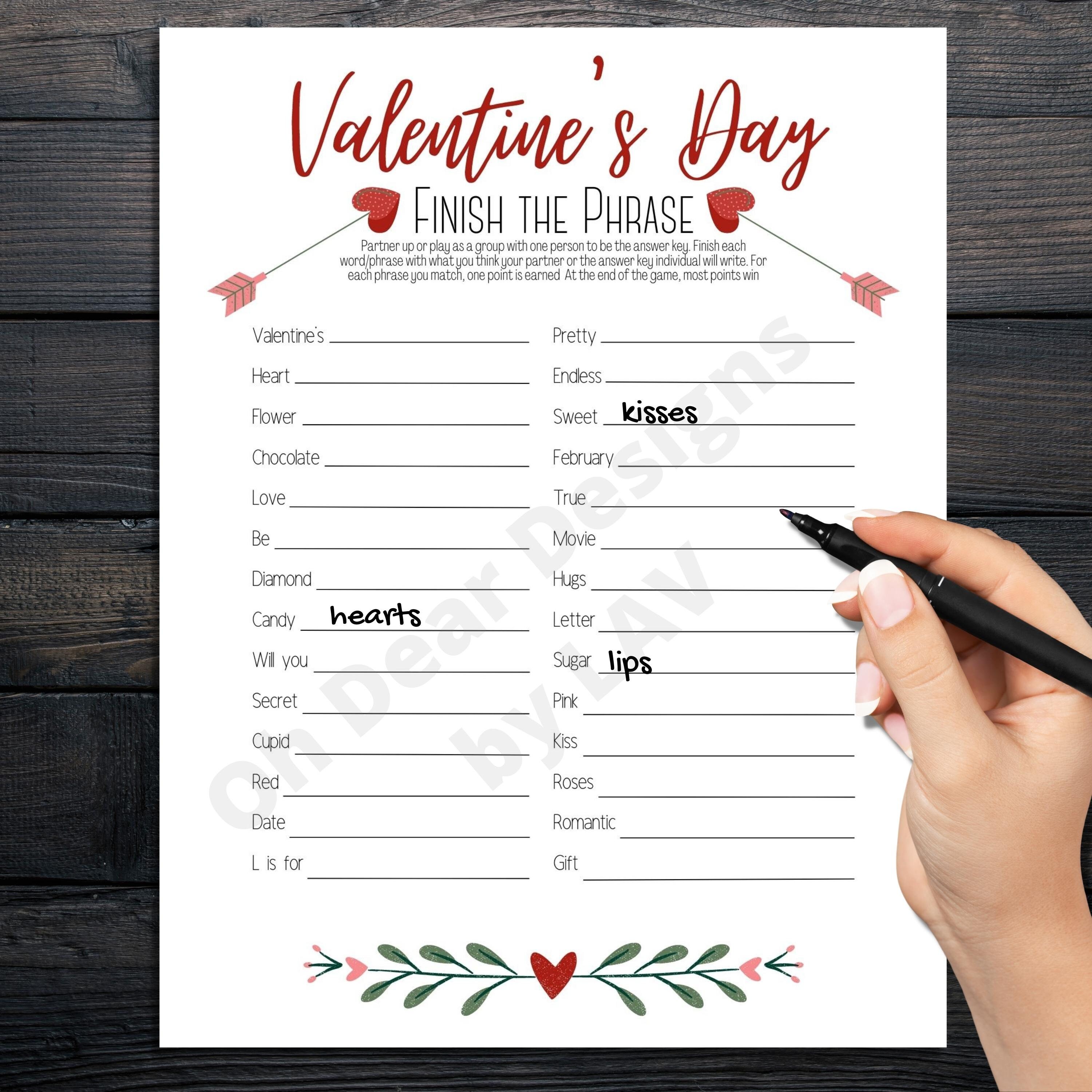 Valentine's "finish the Phrase" Printable Game ⁝ Valentine's Day Group ...