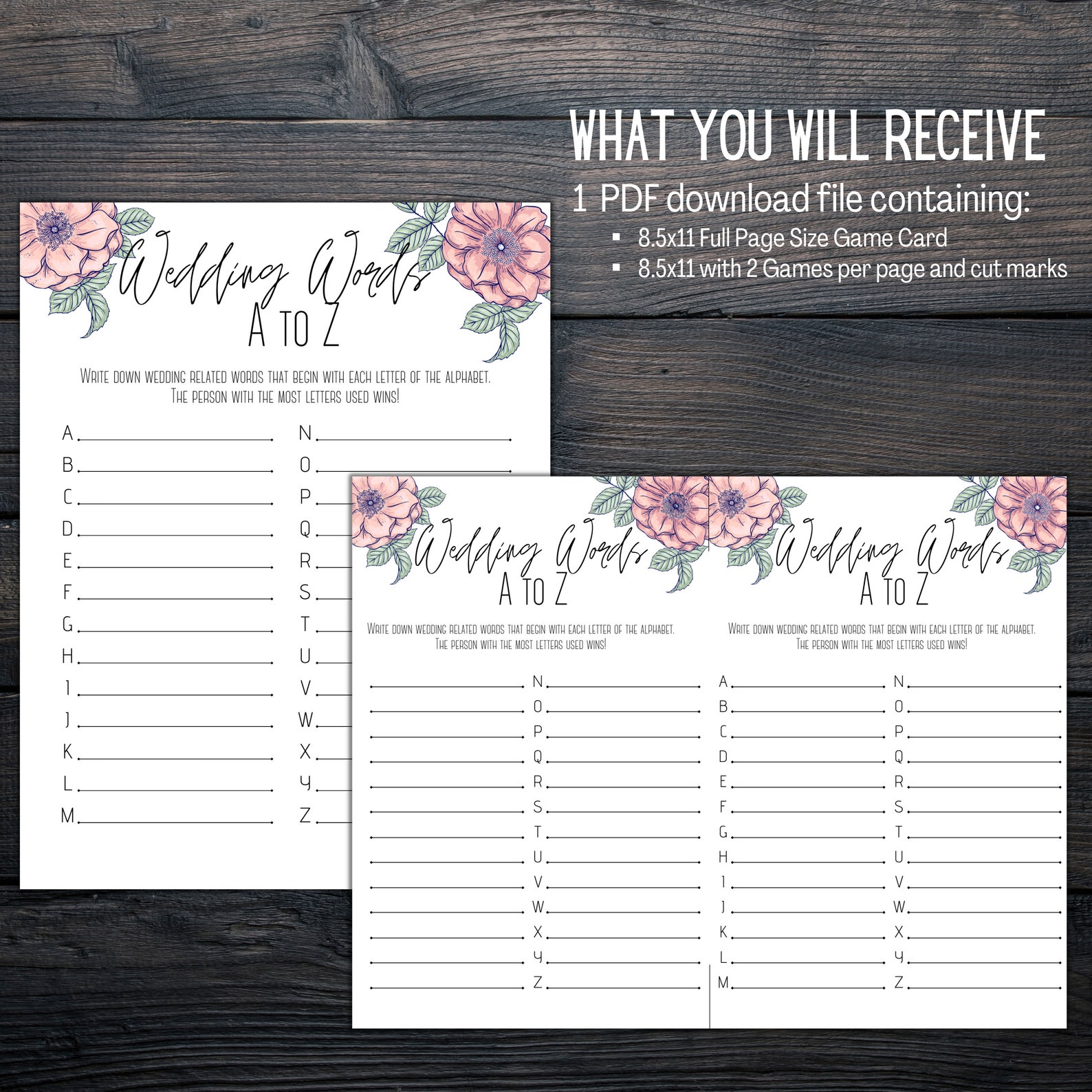 Wedding Words A to Z Game, Printable Bridal Shower (digital Download ...
