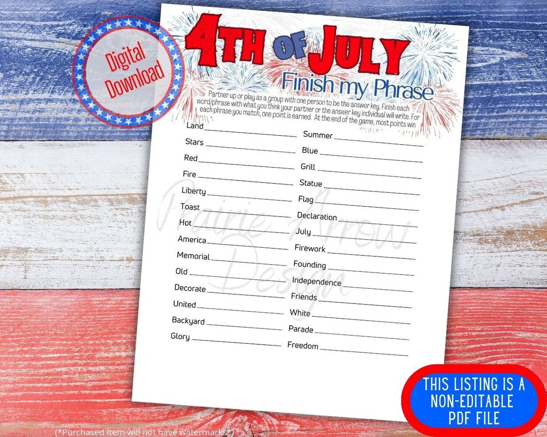 4th of July "finish My Phrase" Printable Game ⁝ Independence Day Group ...