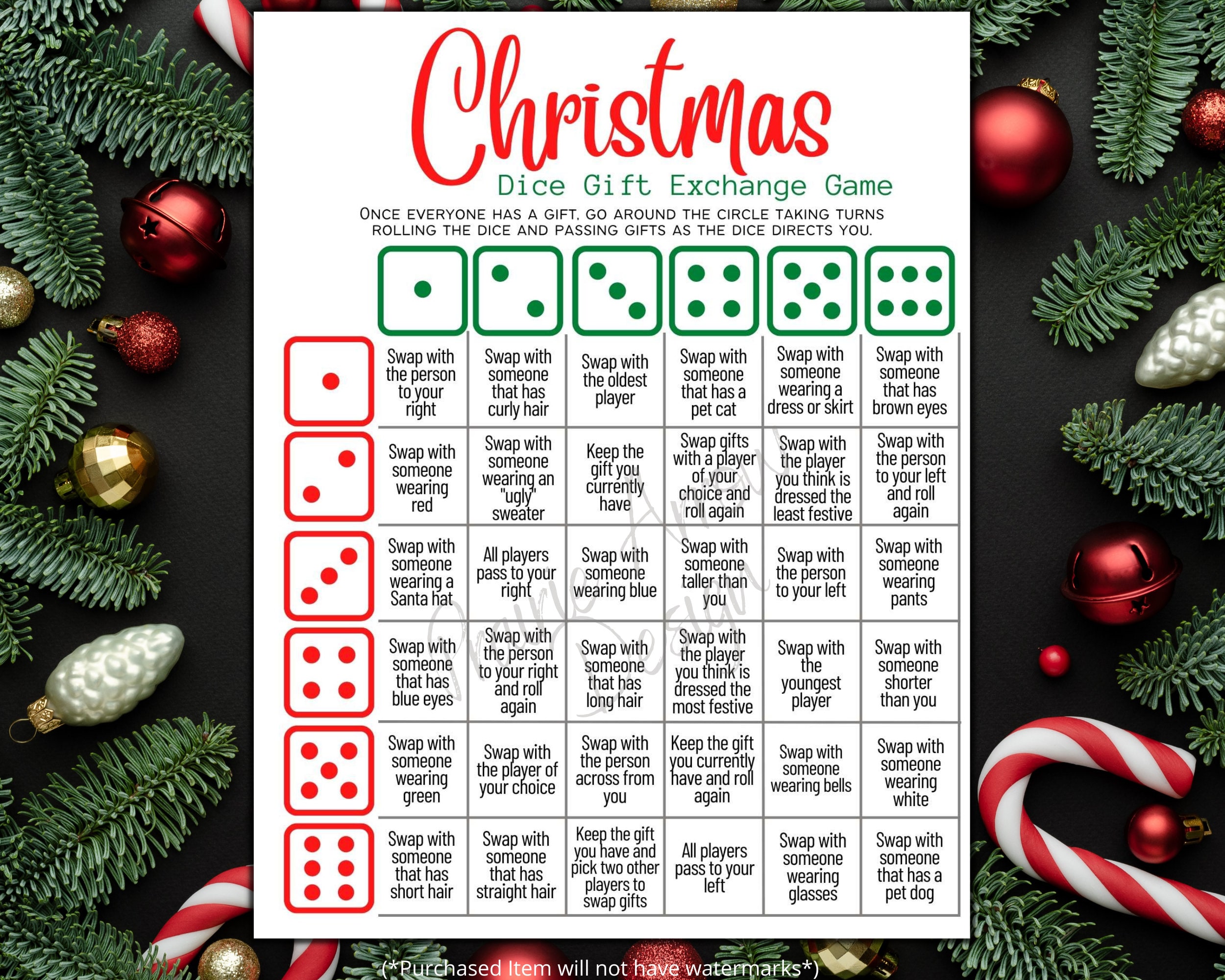 Christmas Gift Exchange Dice Game Printable Game ⁝ Red and Green ...