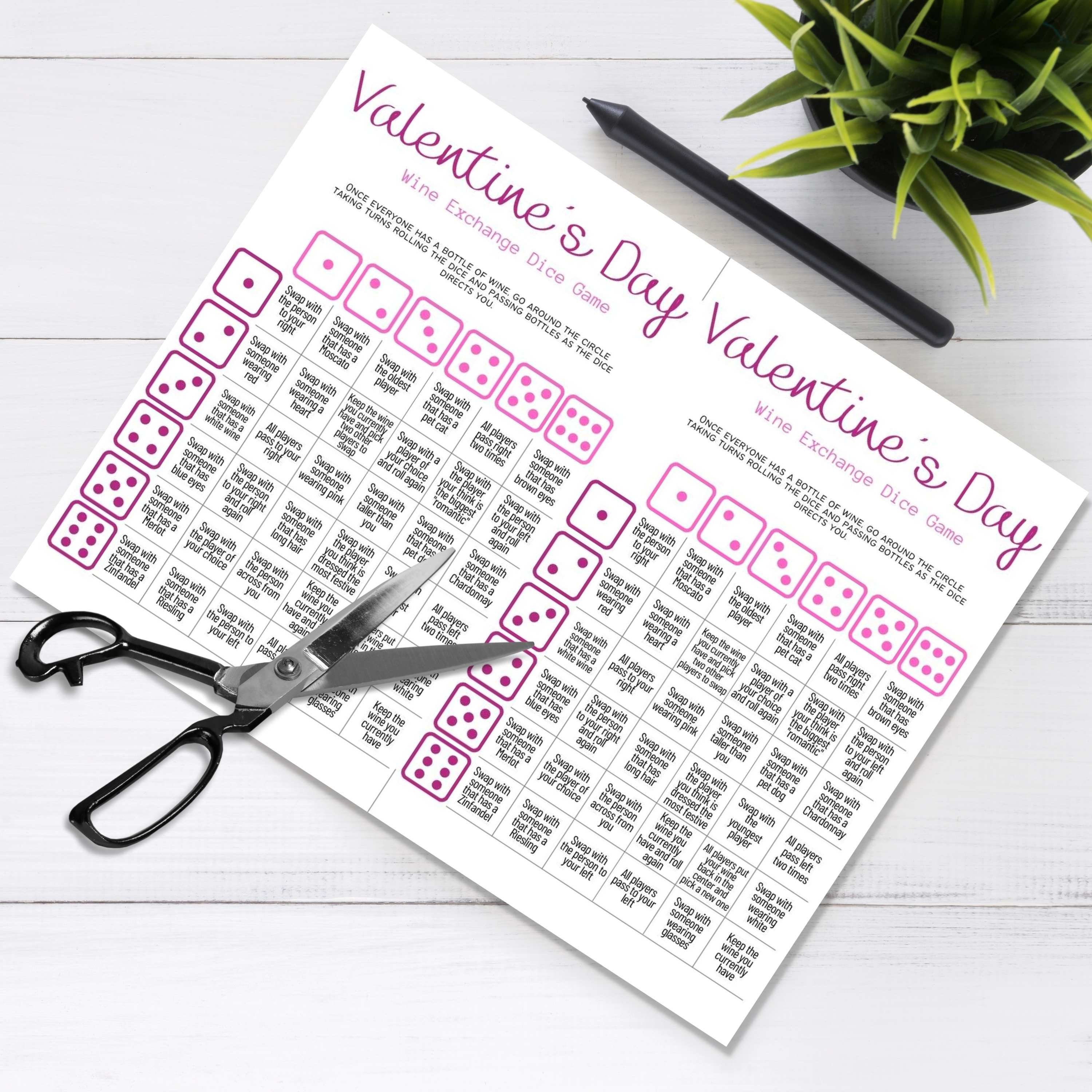 Valentine's Day Wine Exchange Dice Game Printable Game ⁝ Valentine's ...