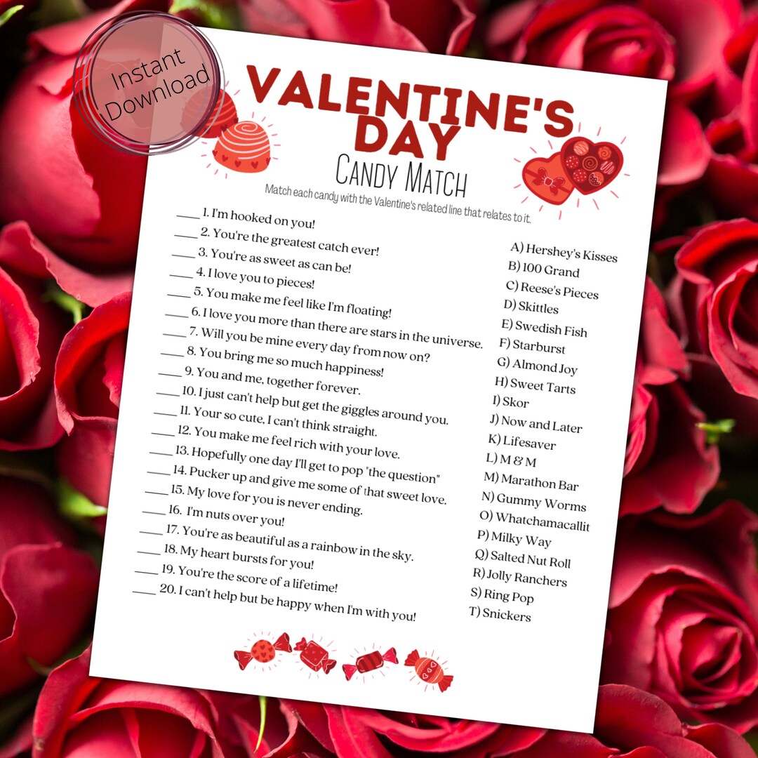 Valentine's "candy Match" Printable Game ⁝ Valentine's Day Group Party ...