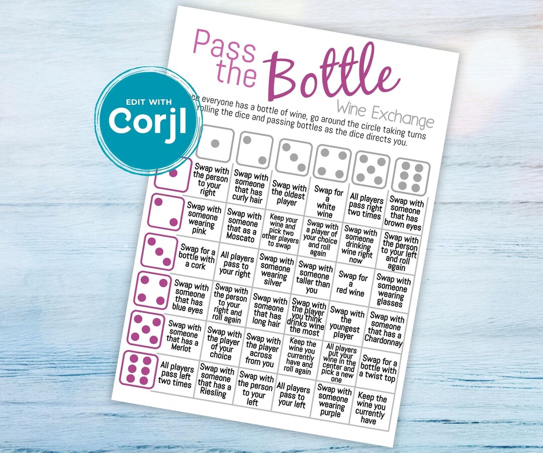 Editable Pass the Bottle Wine Exchange Dice Game ⁝ Editable Any ...