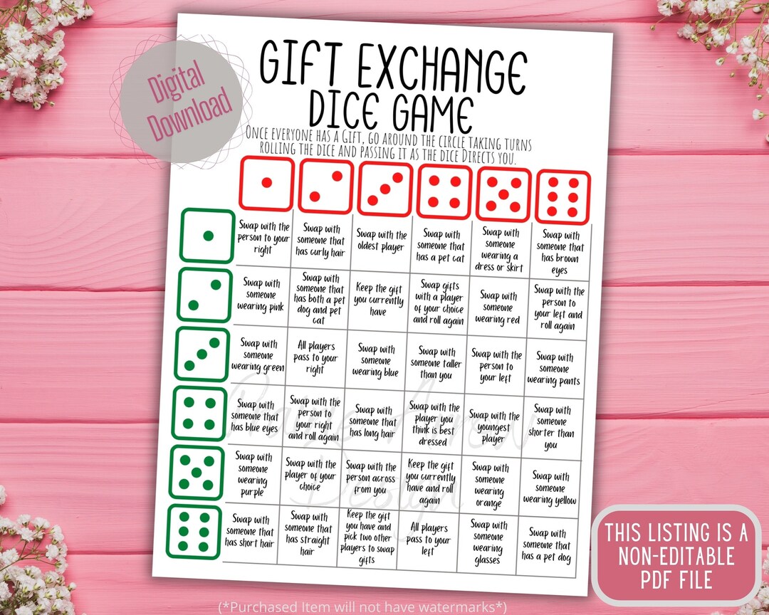 Gift Exchange Dice Game Printable Game ⁝ Any Occasion Group Party Game ...