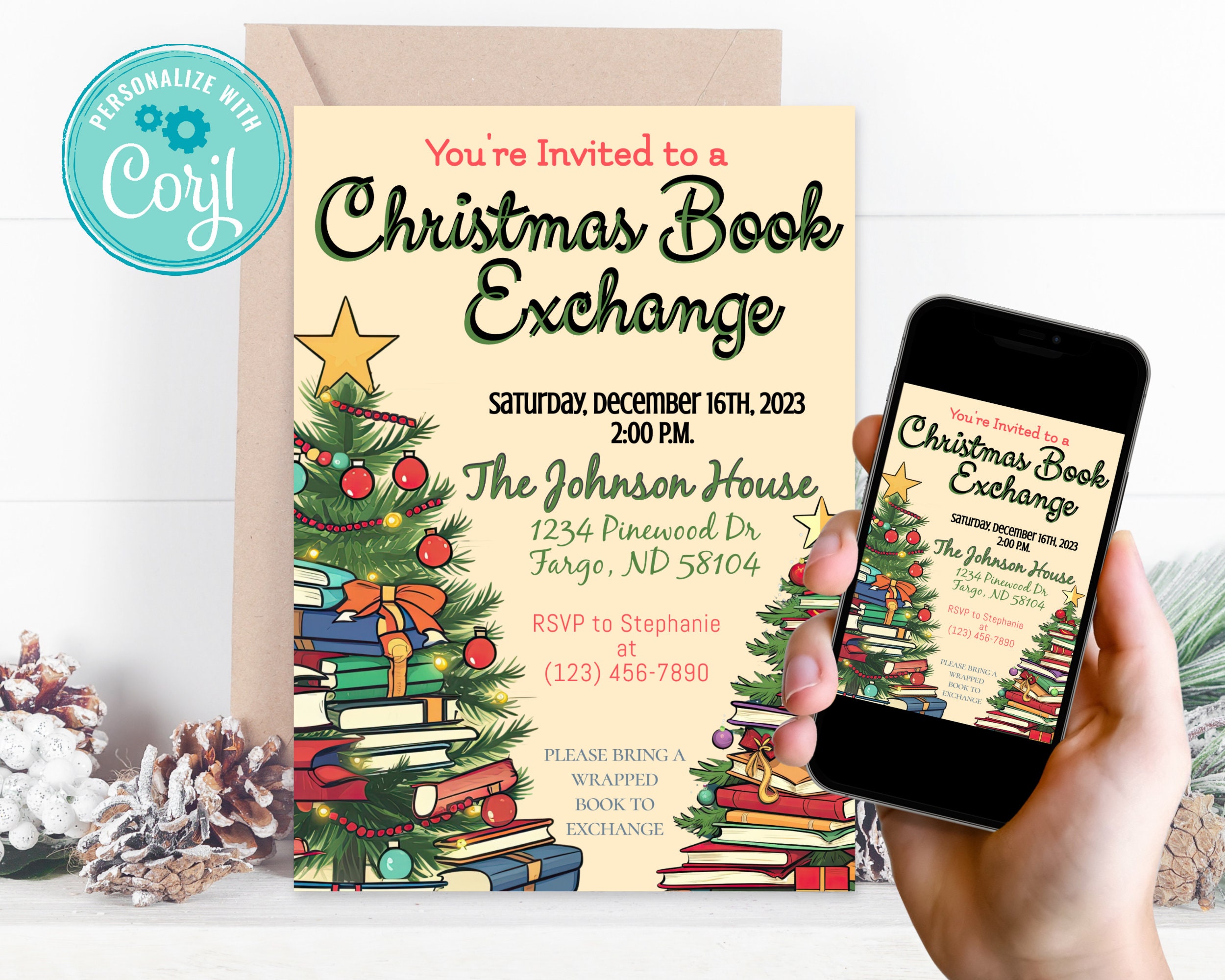 Editable Christmas Book Exchange Invitation ⁝ Editable Christmas Book ...