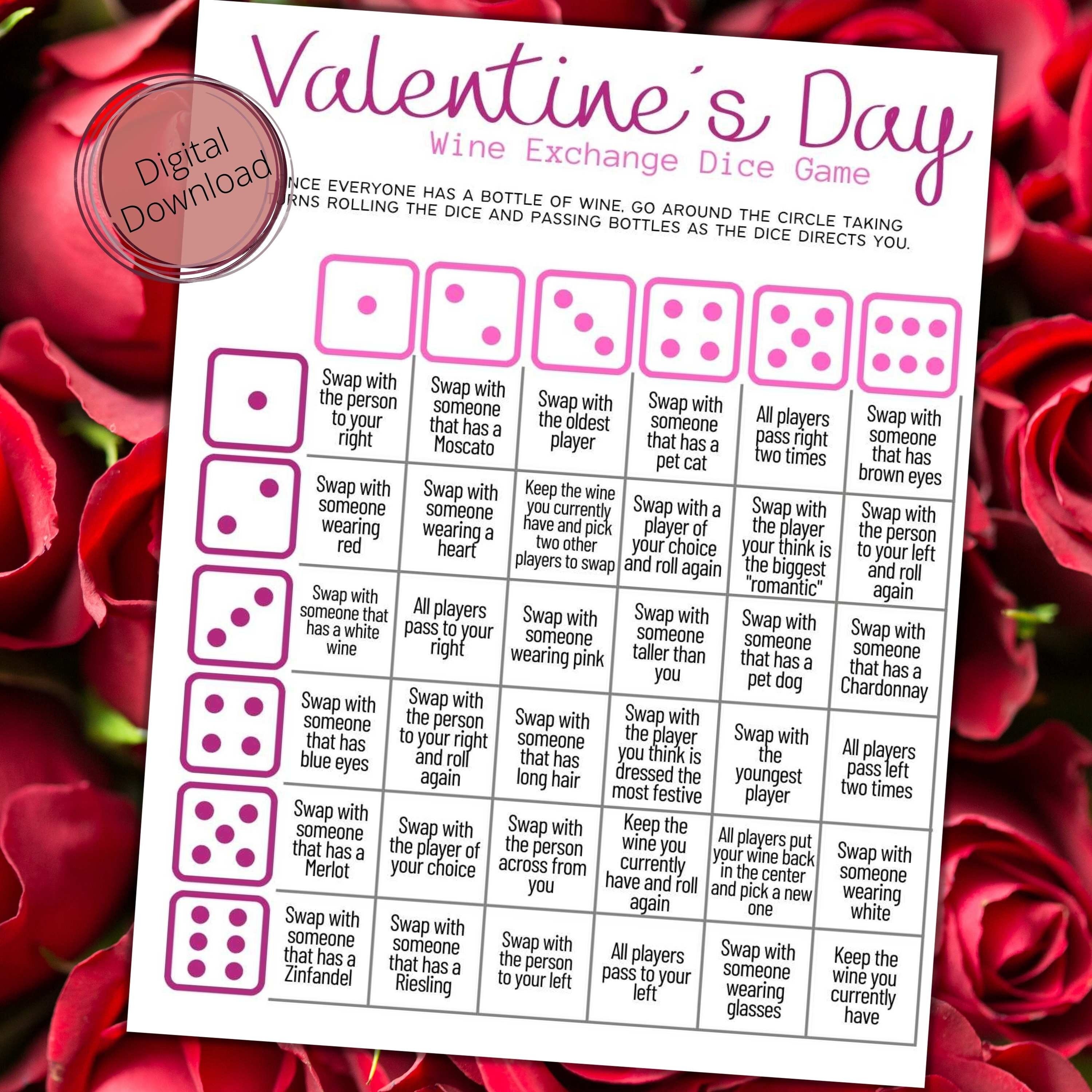 Valentine's Day Wine Exchange Dice Game Printable Game ⁝ Valentine's ...