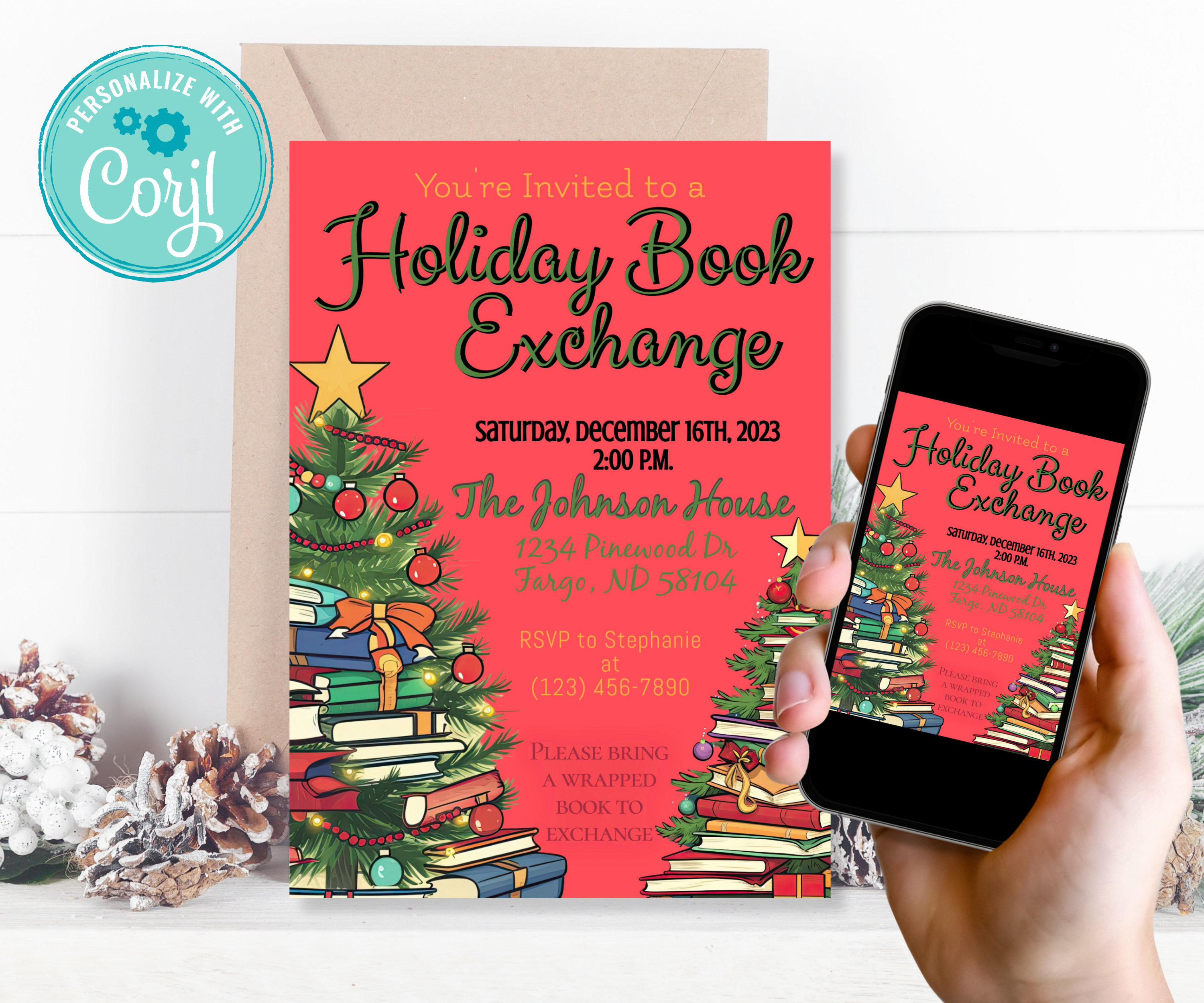 Editable Holiday Book Exchange Invitation ⁝ Editable Christmas Book ...