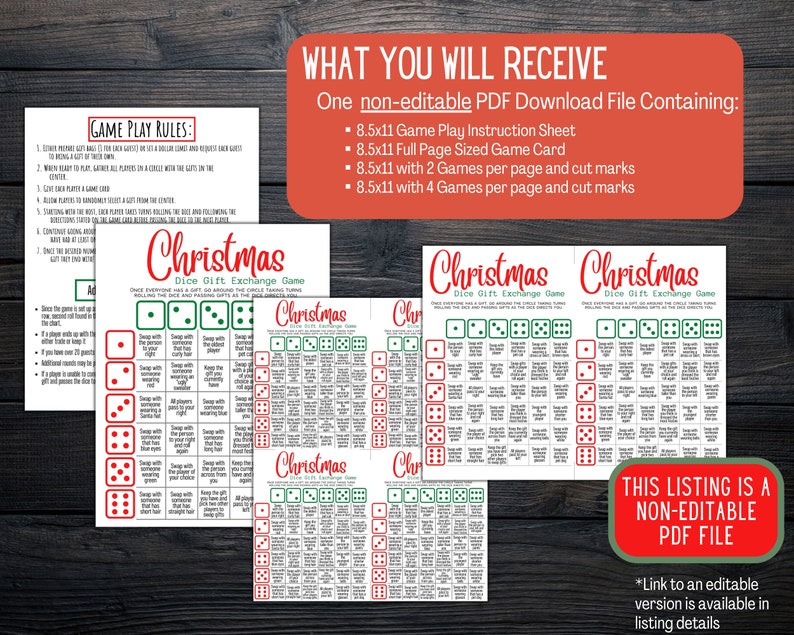 Christmas Gift Exchange Dice Game Printable Game ⁝ Red and Green ...