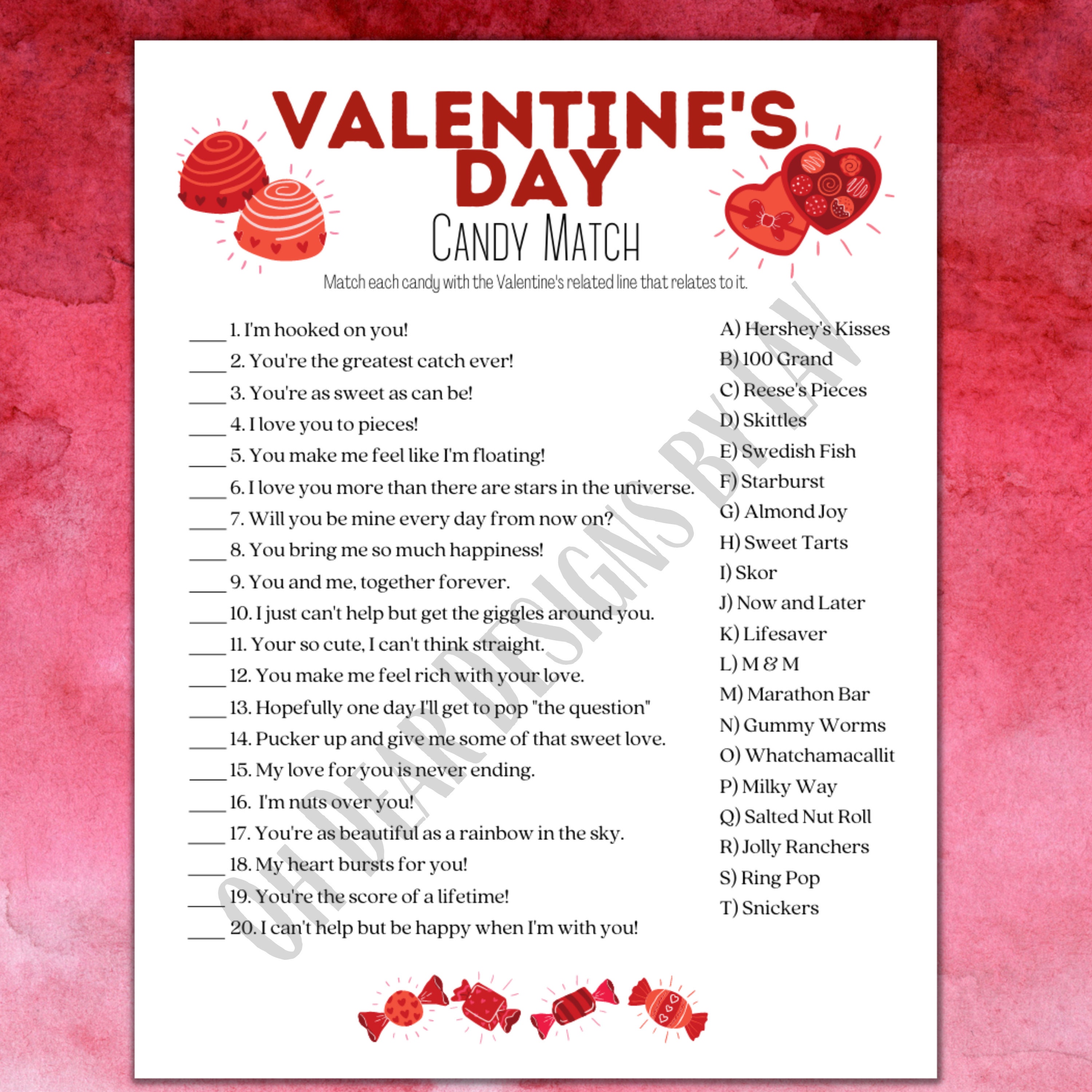 Valentine's "candy Match" Printable Game ⁝ Valentine's Day Group Party ...