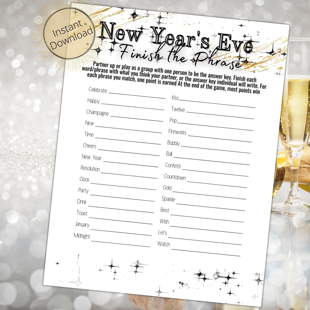 New Year's "finish the Phrase" Printable Game ⁝ New Year's Eve Group ...