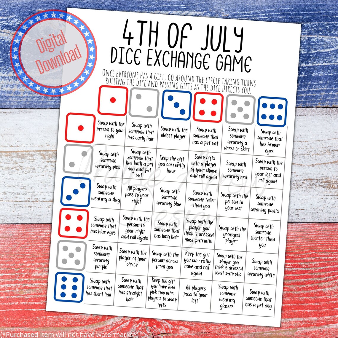 4th of July Exchange Dice Game Printable Game ⁝ Independence Day Group ...