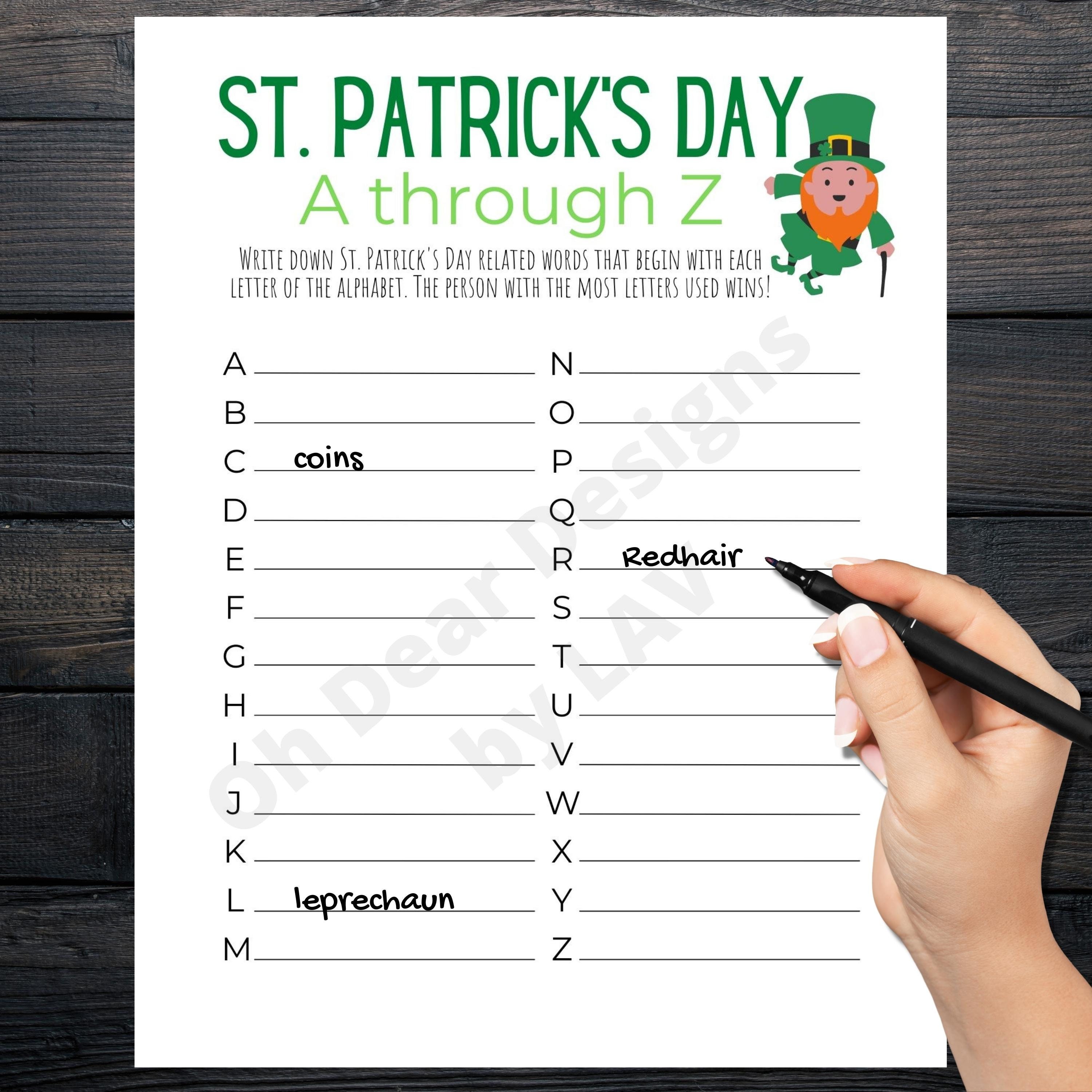 St. Patrick's Day "a Through Z" Printable Game ⁝ St. Patty's Day Group ...