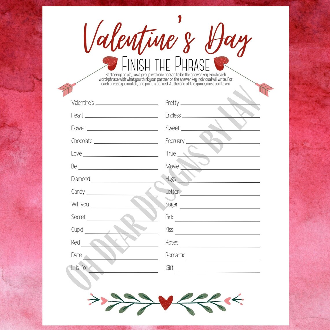 Valentine's Day Finish the Phrase Game (digital Download) - Etsy