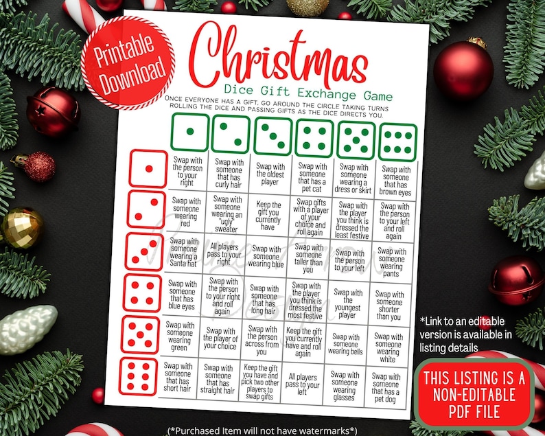 Christmas Gift Exchange Dice Game Printable Game ⁝ Red and Green ...