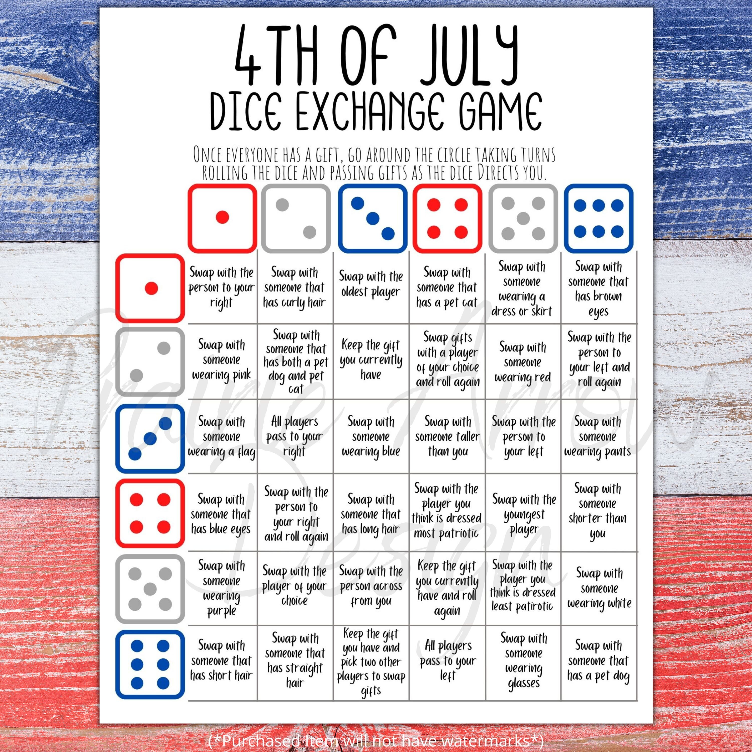 4th of July Exchange Dice Game Printable Game ⁝ Independence Day Group ...