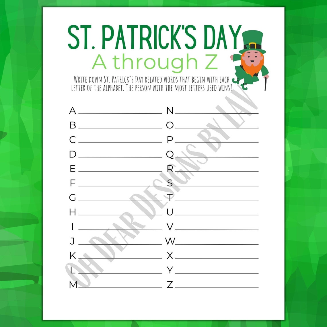 St. Patrick's Day "a Through Z" Printable Game ⁝ St. Patty's Day Group ...