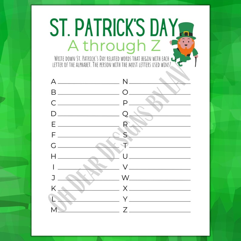 St. Patrick's Day Game, A-Z Printable (digital Download) - Etsy