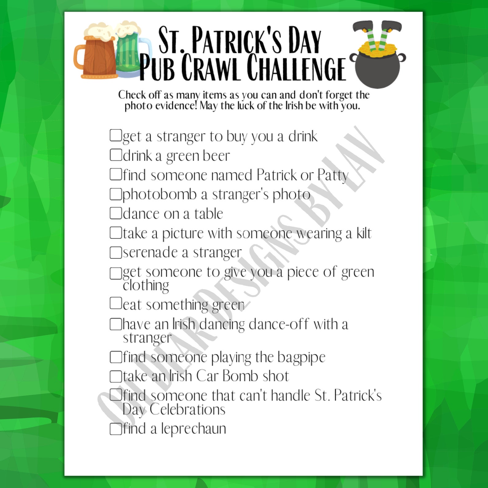 St. Patrick's Day Pub Crawl Scavenger Hunt Printable Game ⁝ St. Patrick ...