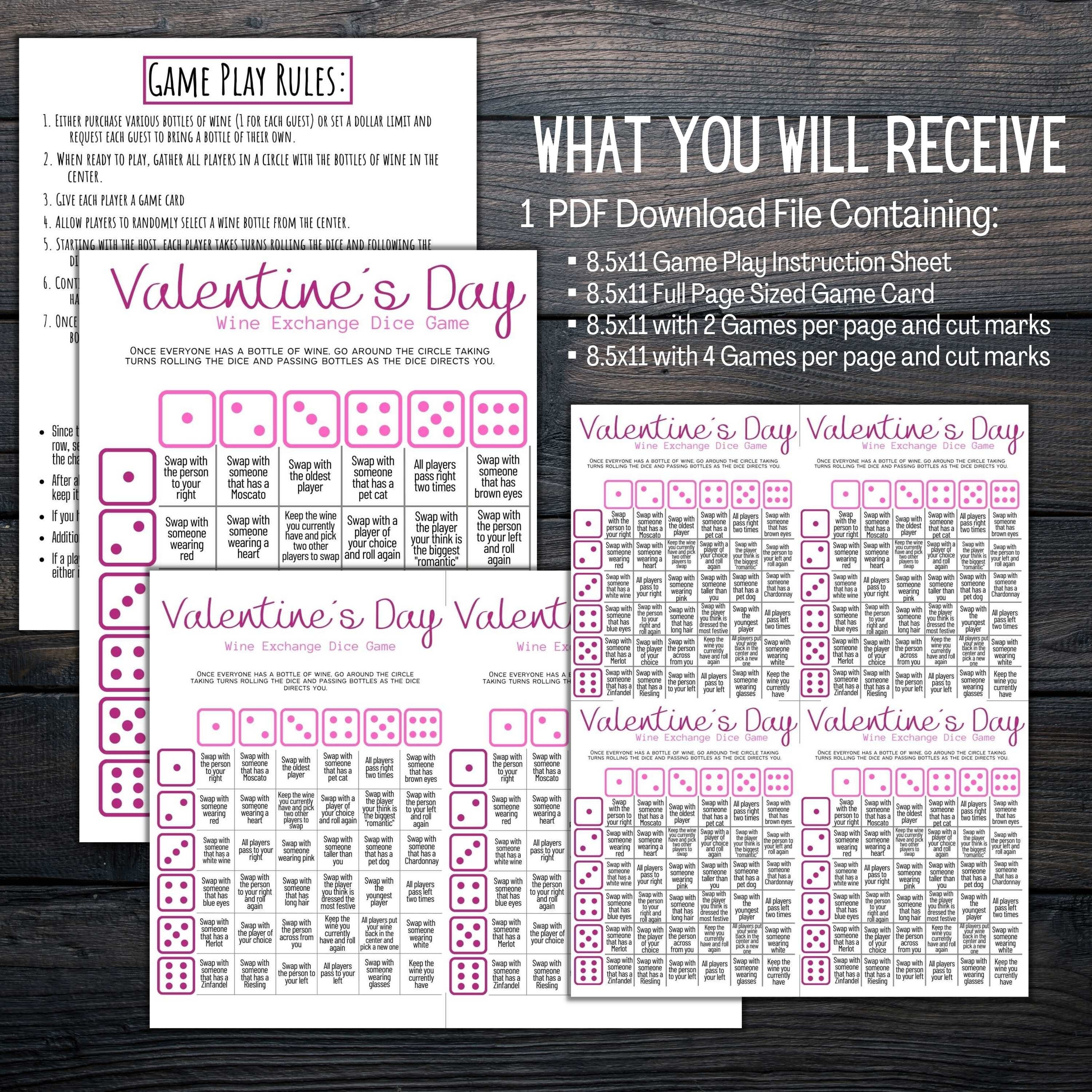 Valentine's Day Wine Exchange Dice Game Printable Game ⁝ Valentine's ...