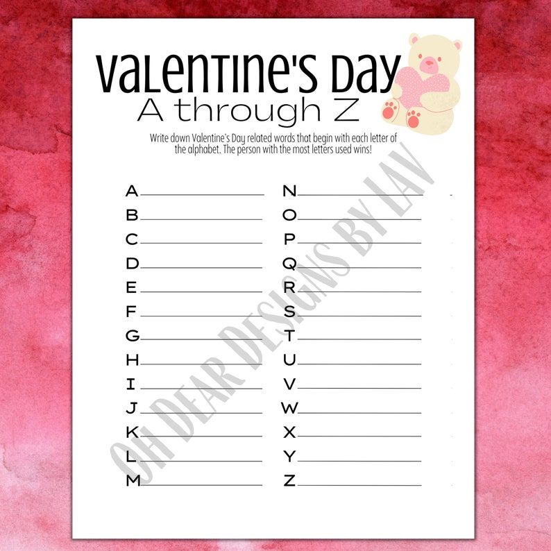 Valentine's Day "a Through Z" Printable Game ⁝ Valentine's Day Group ...