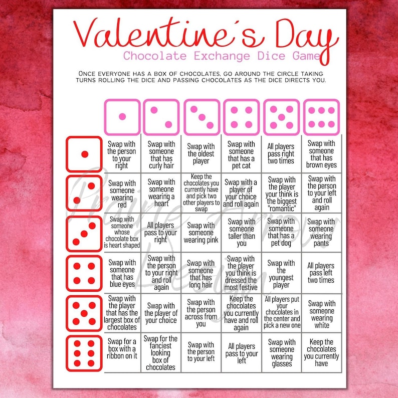 Valentine's Day Chocolate Exchange Dice Game Printable Game ⁝ Valentine ...