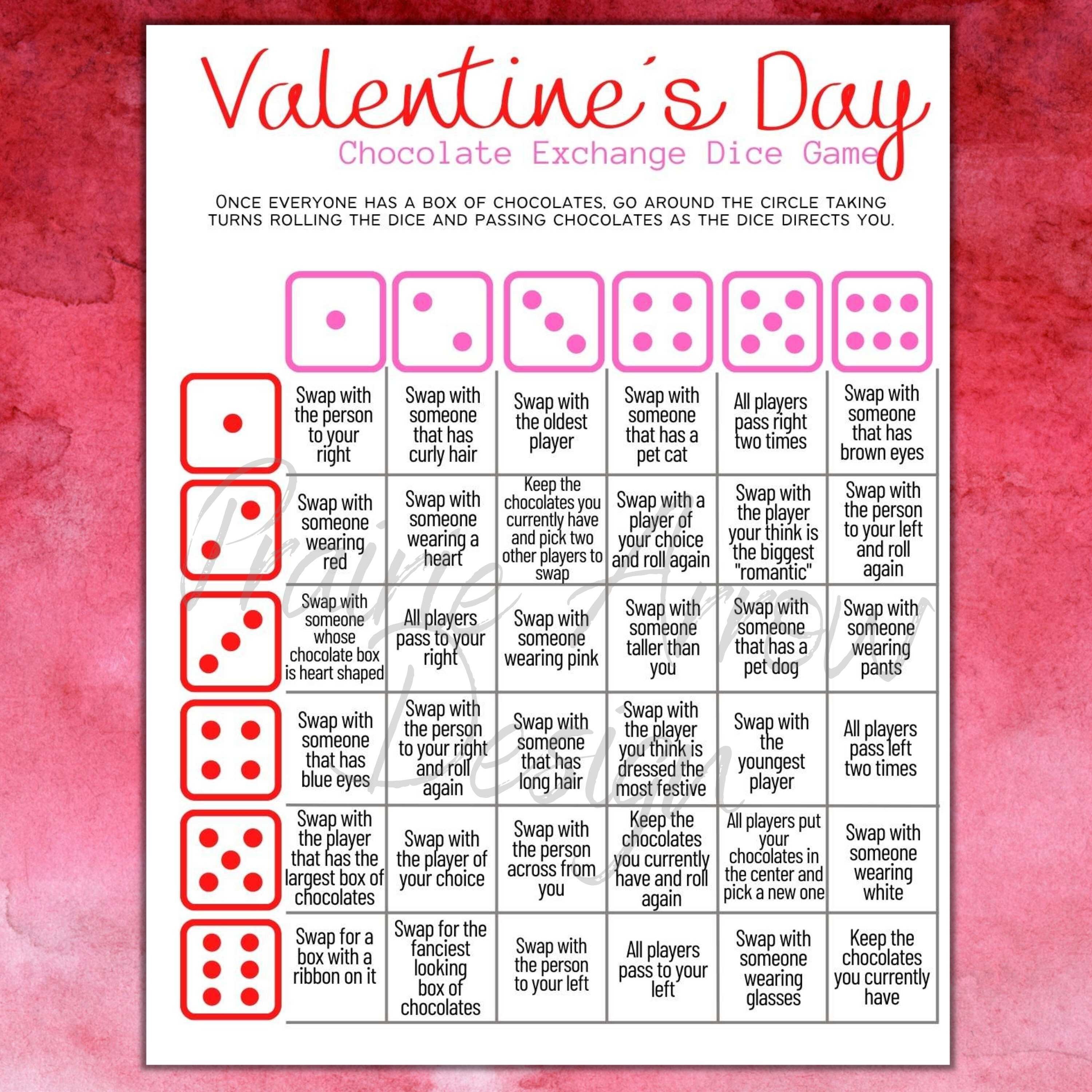 Valentine's Day Chocolate Exchange Dice Game Printable Game ⁝ Valentine ...