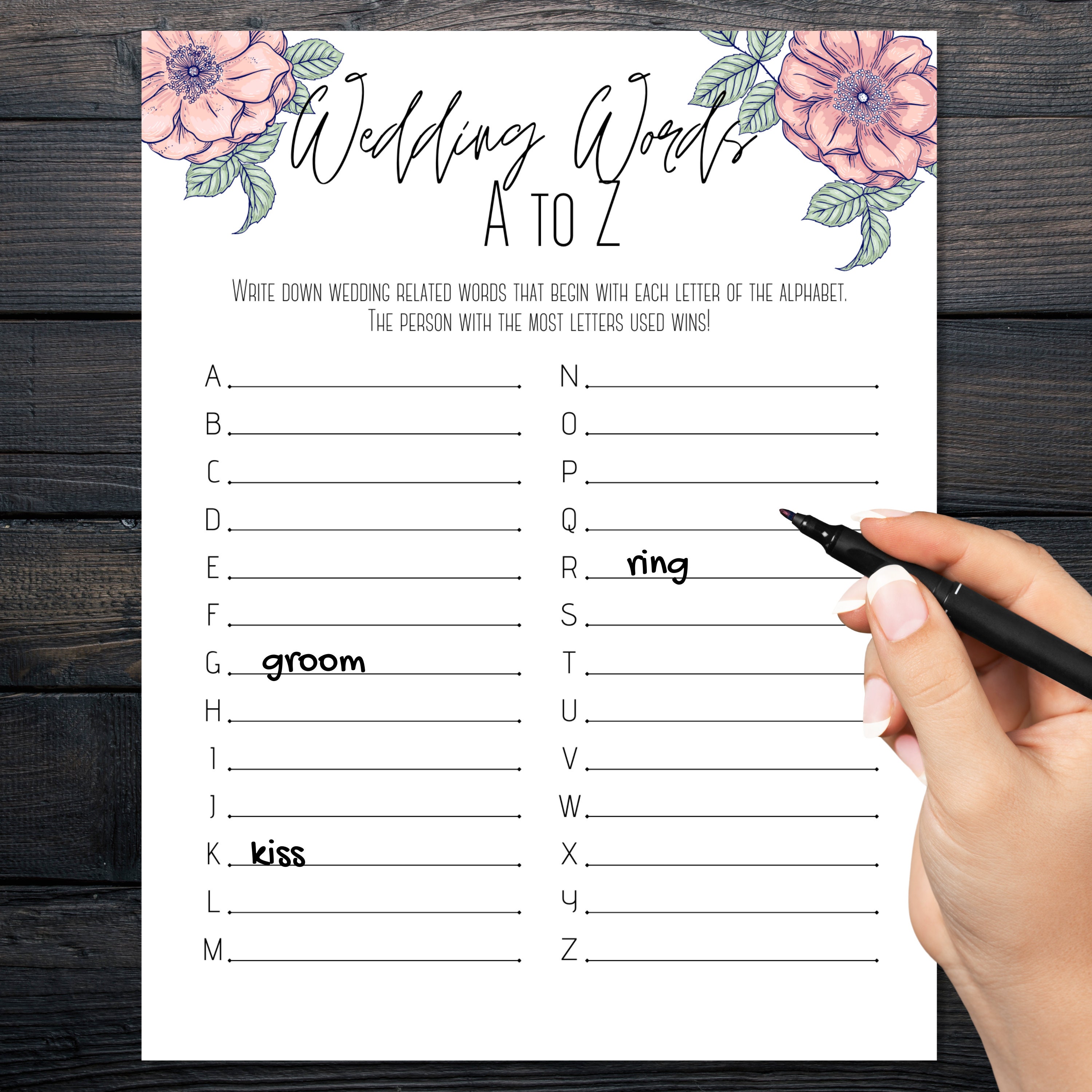 Wedding Words A to Z Game, Printable Bridal Shower (digital Download ...