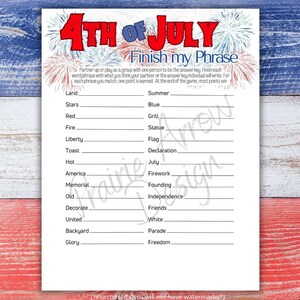 4th of July "finish My Phrase" Printable Game ⁝ Independence Day Group ...