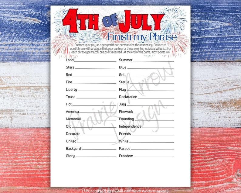 4th of July finish My Phrase Printable Game Independence Day Group ...