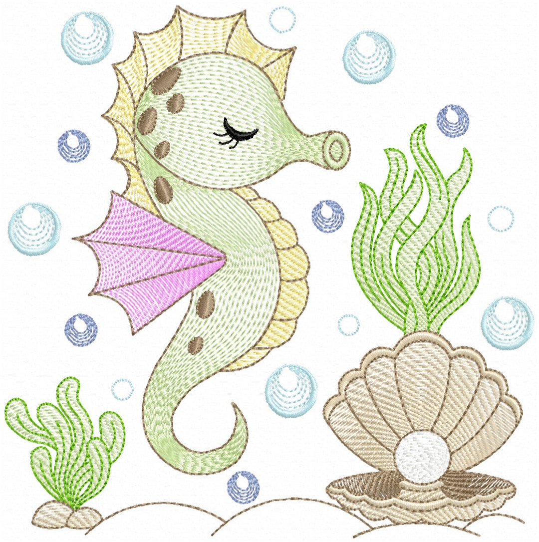 Cute Seahorse , Shell With Pearl Embroidery Designs, Sea Animals ...