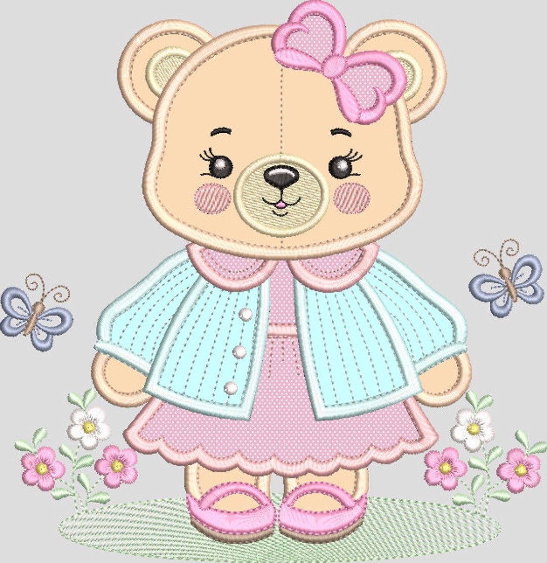 BEAR APPLIQUE EMBROIDERY Design, Cute Bear-girl, Machine Embroidery ...