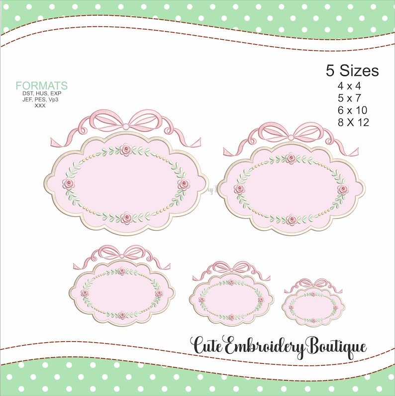 Flower Frame Embroidery Design With Bow (instant Download) - Etsy